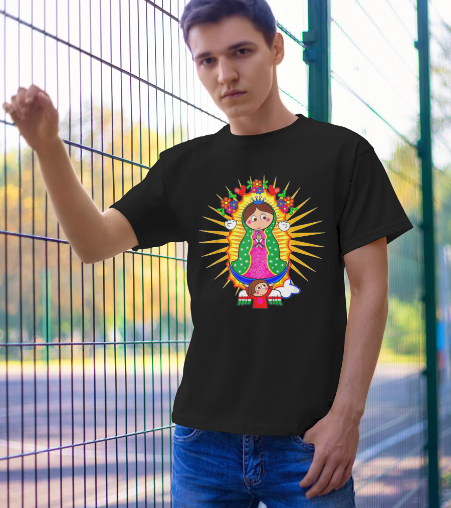 Virgen De Guadalupe Cartoon Mexican Folk Art Angel Children Flowers Sacred Image T-Shirt