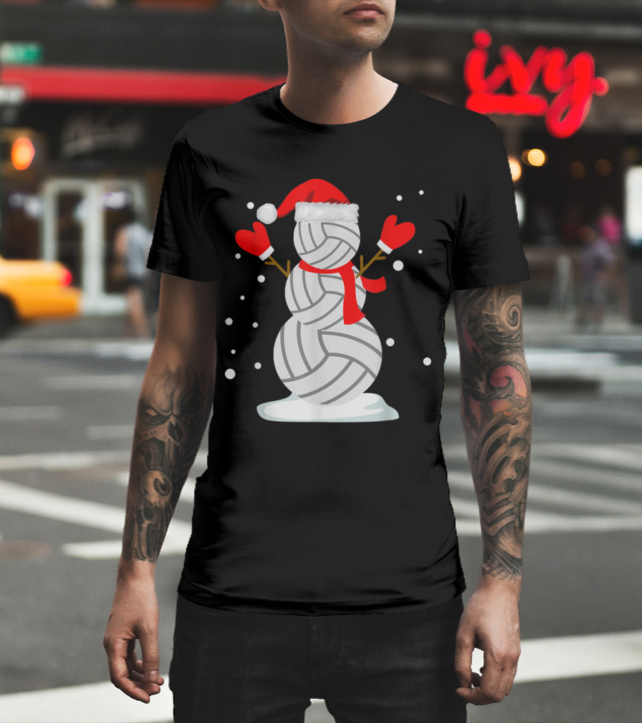 Volleyball Snowman With Santa Hat And Red Mittens T-Shirt