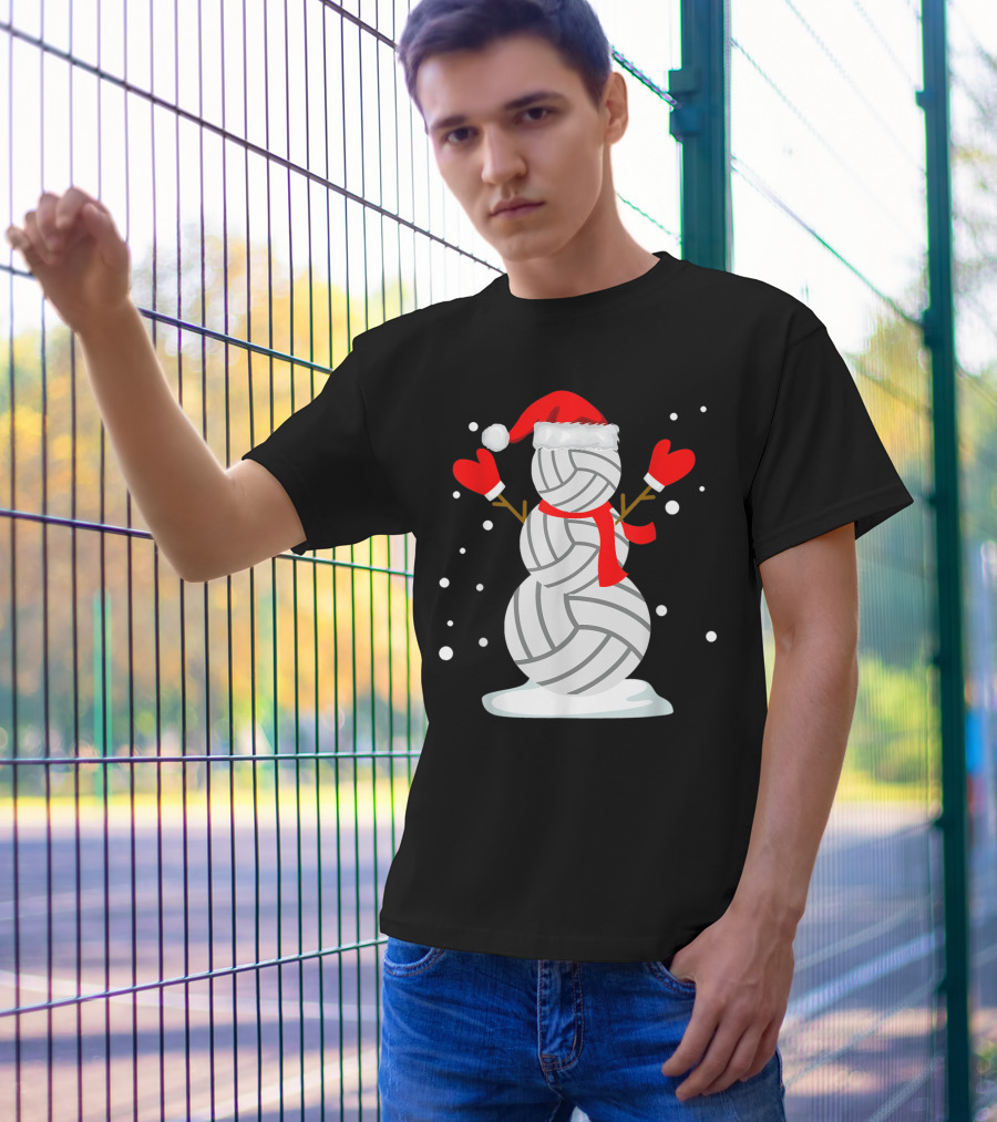 Volleyball Snowman With Santa Hat And Red Mittens T-Shirt