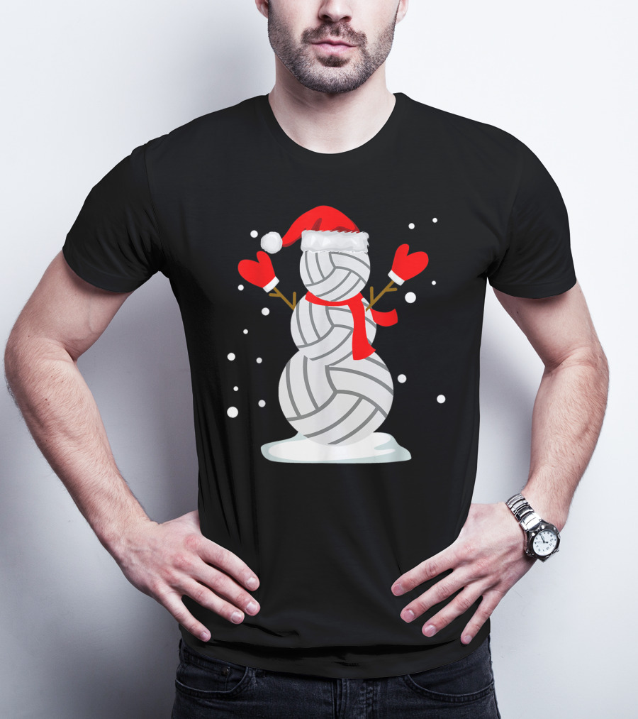 Volleyball Snowman With Santa Hat And Red Mittens T-Shirt