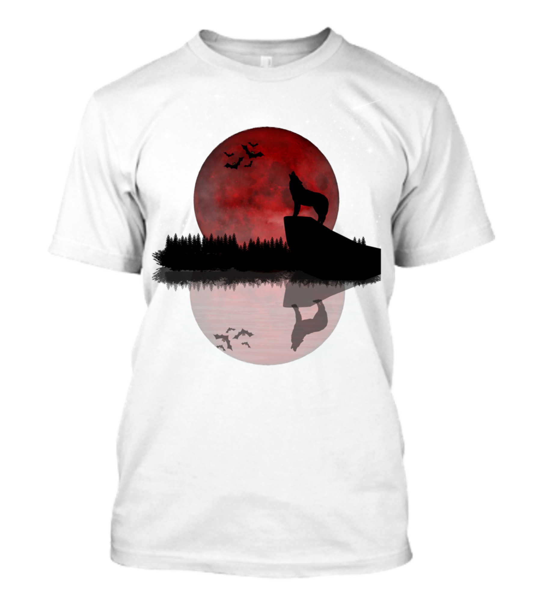Wolf Howling At Blood Moon With Bats Silhouette And Starry Night Reflection T-Shirt