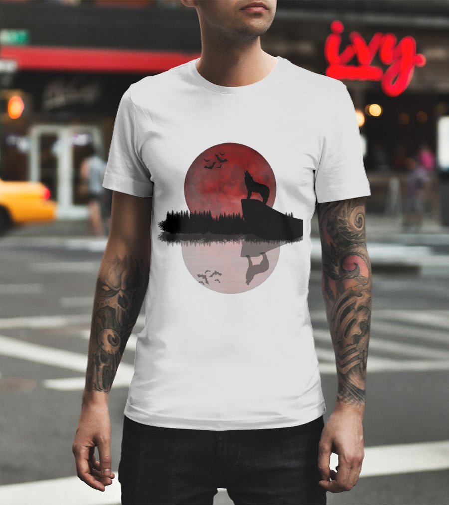 Wolf Howling At Blood Moon With Bats Silhouette And Starry Night Reflection T-Shirt