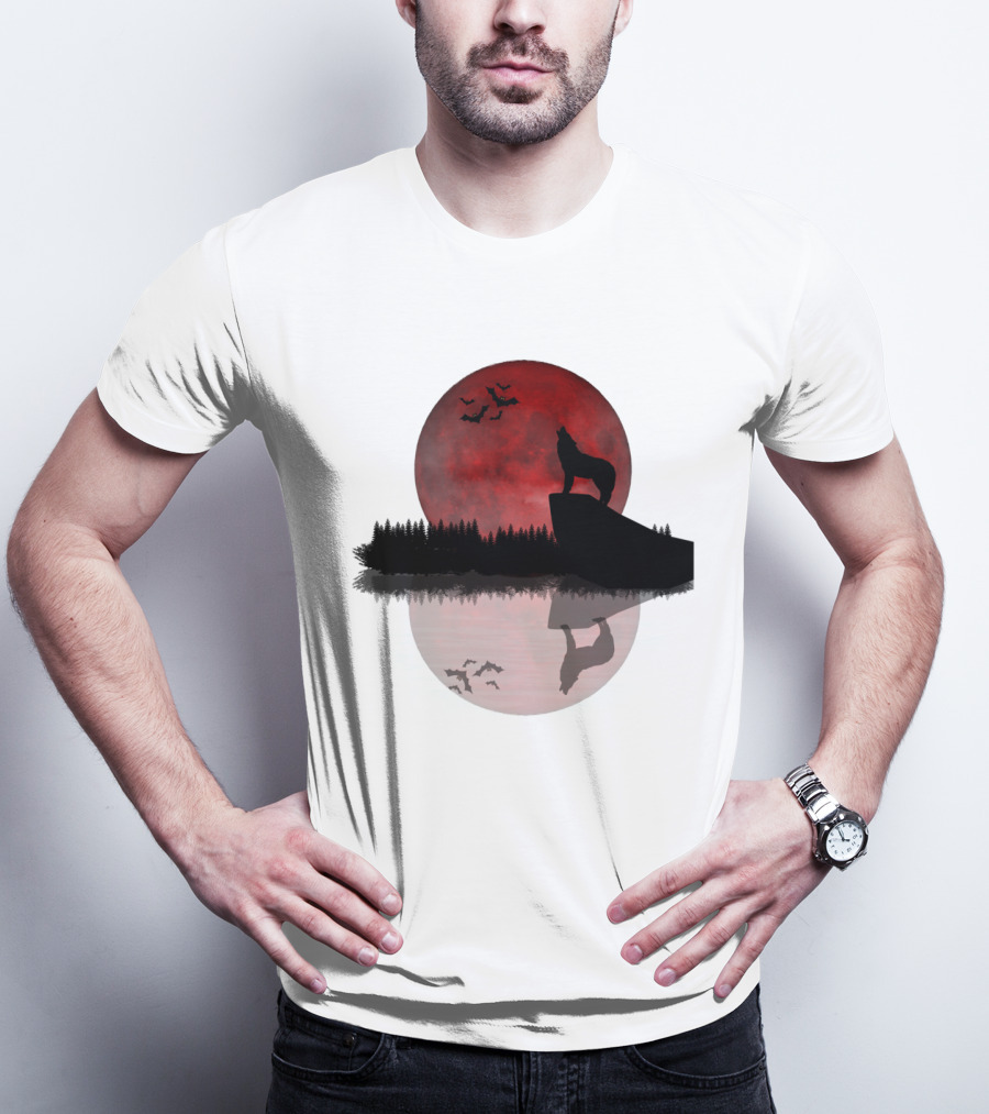 Wolf Howling At Blood Moon With Bats Silhouette And Starry Night Reflection T-Shirt