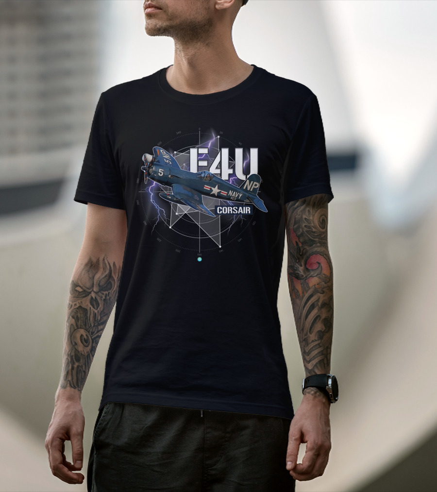 F4U Corsair Navy WWII Plane With Lightning Background T-Shirt