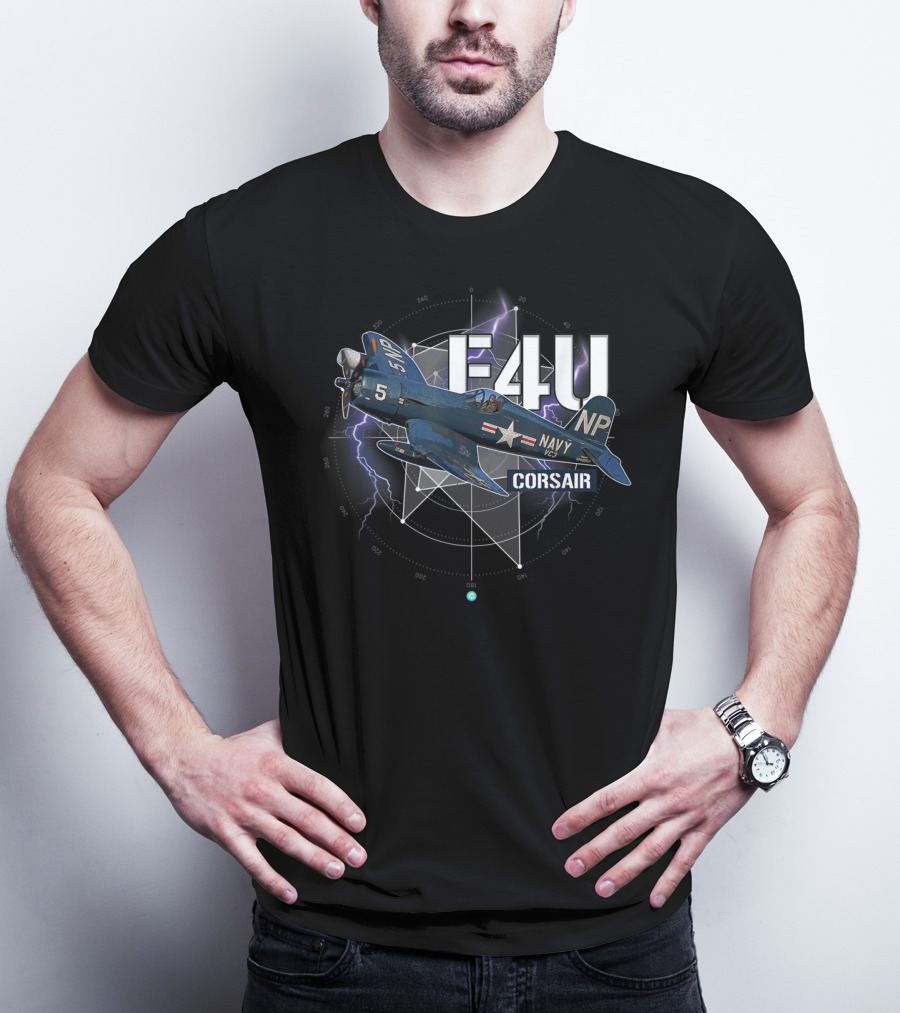 F4U Corsair Navy WWII Plane With Lightning Background T-Shirt