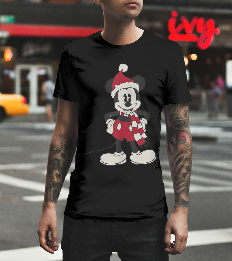 Disney Mickey Mouse Santa Hat And Scarf T-Shirt
