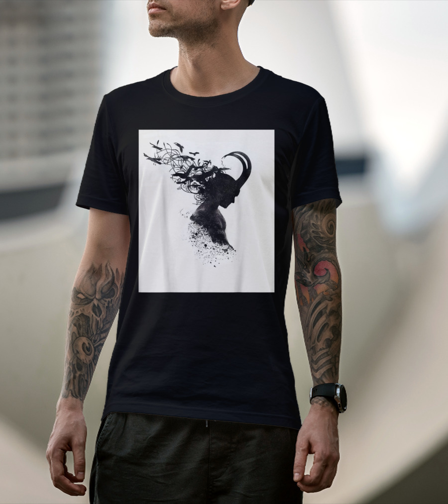 Loki Norse God Of Mischief Silhouette With Birds And Horns T-Shirt