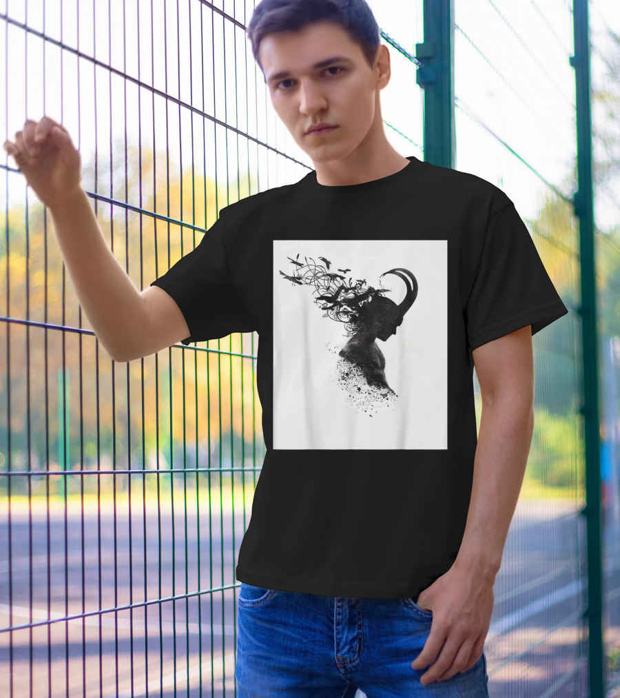 Loki Norse God Of Mischief Silhouette With Birds And Horns T-Shirt