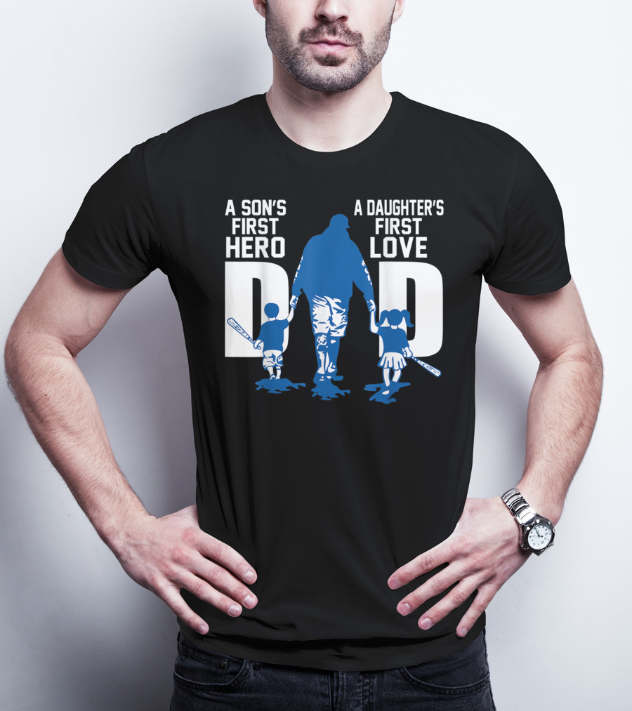 A Son's First Hero A Daughter's First Love Dad Baseball Bat Fatherhood Trio T-Shirt