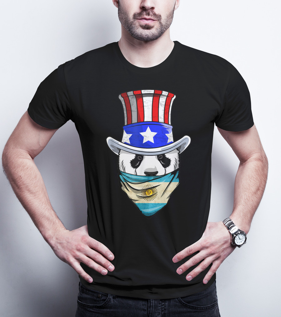Argentinian Panda Bear In Argentina Bandana Flag With Uncle Sam Hat T-Shirt