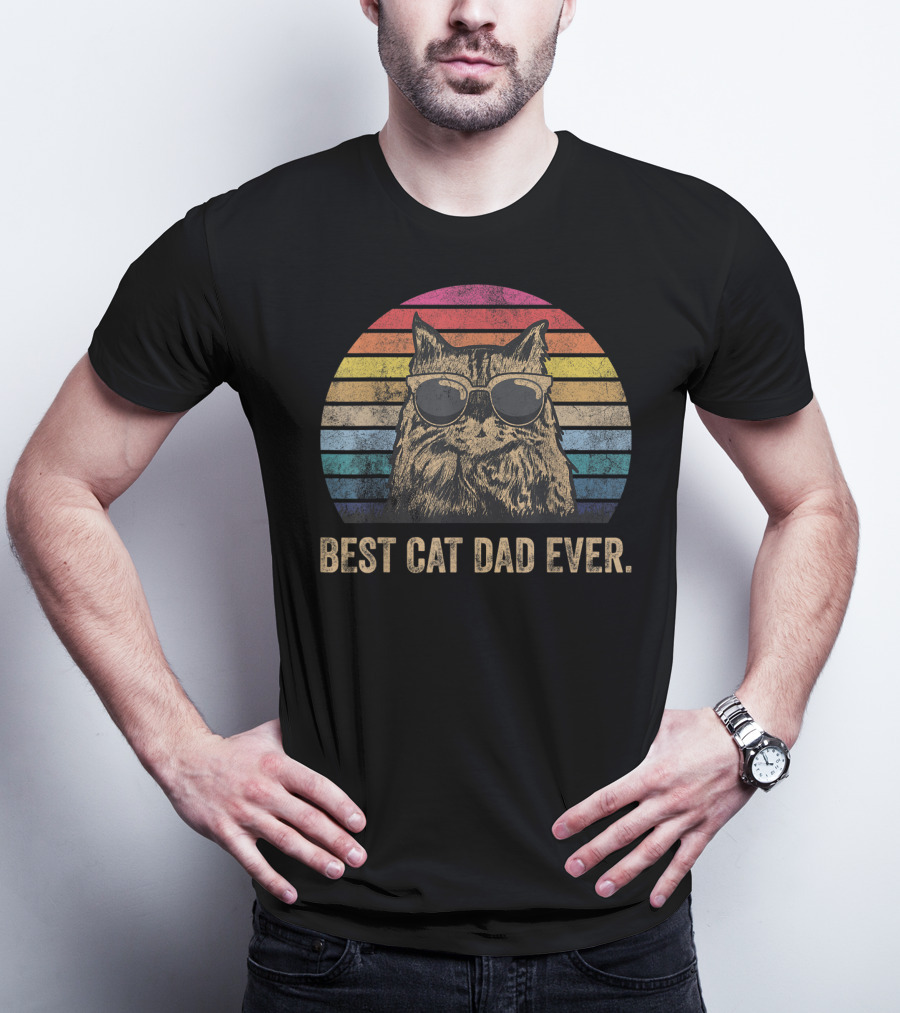Best Cat Dad Ever Vintage Retro Stripes Sunglasses T-Shirt