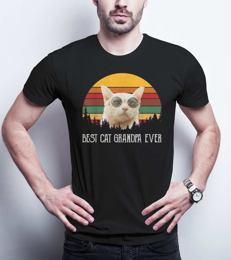 Best Cat Grandpa Ever Retro Cat With Sunglasses And Trees Vintage Sunset T-Shirt