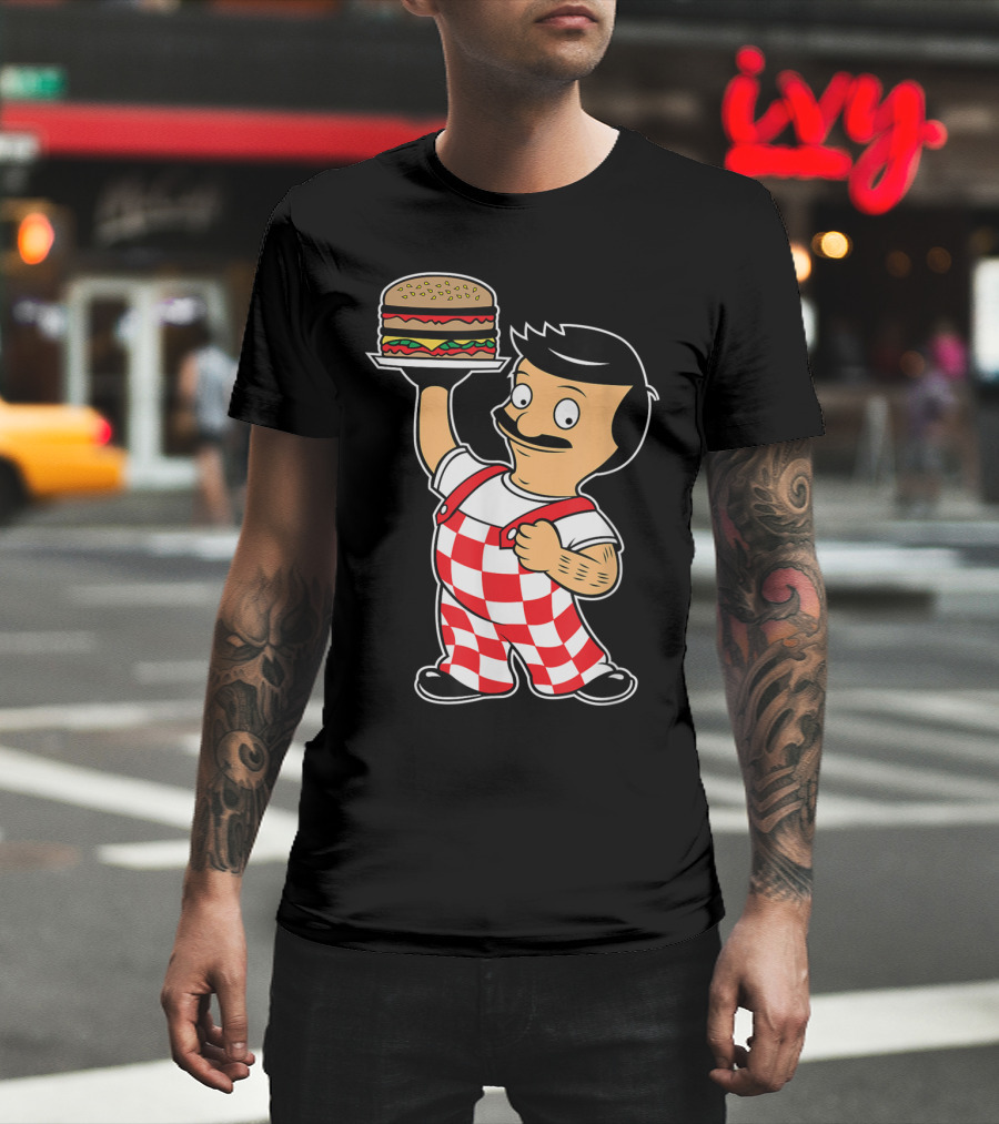 Big Bob Checkered Overalls Burger Mascot T-Shirt
