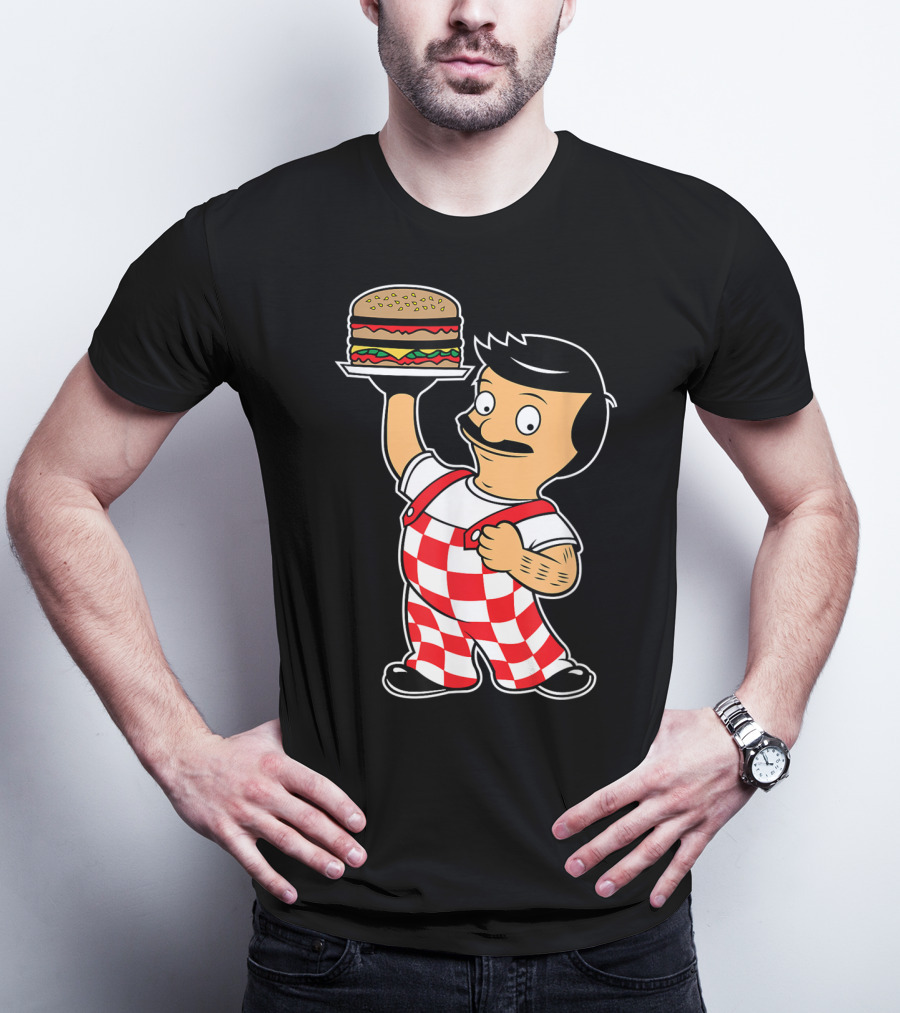 Big Bob Checkered Overalls Burger Mascot T-Shirt