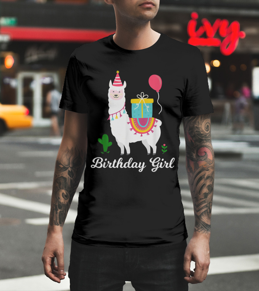 Birthday Girl Cute Alpaca Llama Cactus Balloon Party T-Shirt