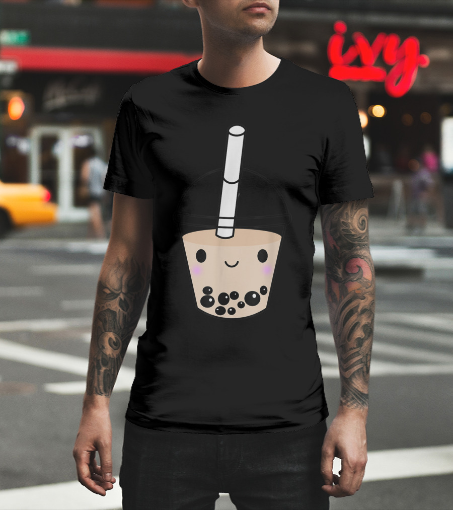 Cute Kawaii Boba Milk Tea Lover With Smiling Bubble Face T-Shirt