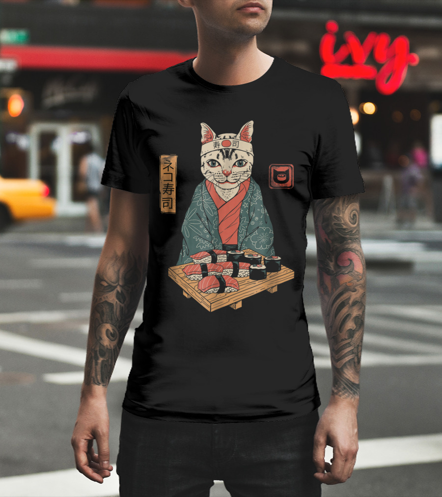 Neko Sushi Cat Chef In Kimono With Sushi Platter T-Shirt