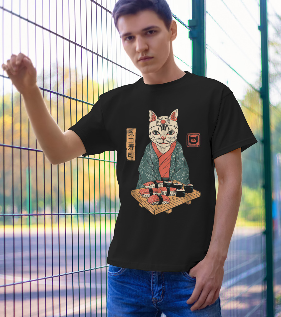 Neko Sushi Cat Chef In Kimono With Sushi Platter T-Shirt