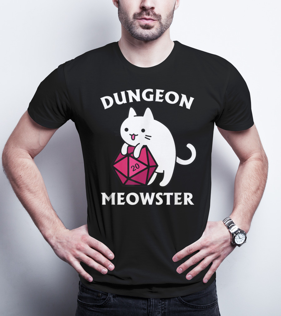 Dungeon Meowster Cat Hugging D20 Dice For Funny DnD Tabletop Gamer T-Shirt