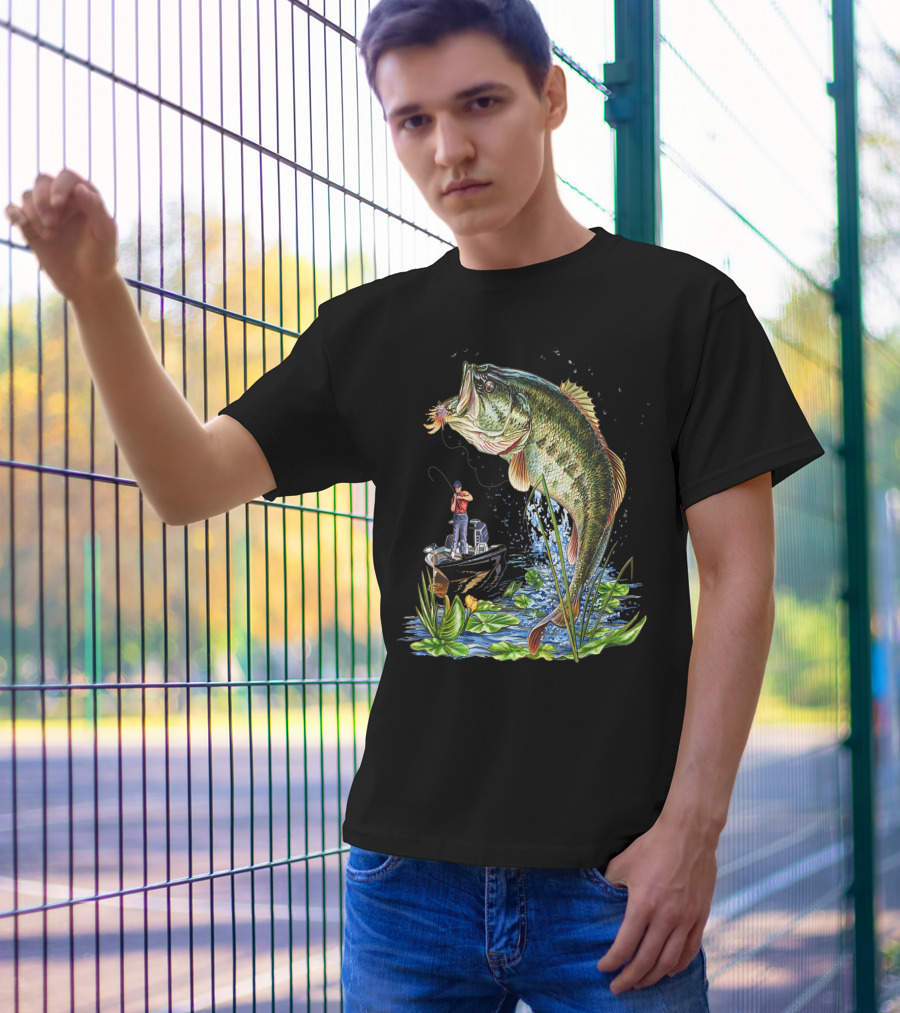 Fishing Large Mouth Bass Catching Scene With Angler And Boat T-Shirt