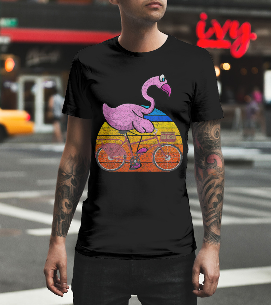Flamingo Riding Bicycle Funny Retro Sunset T-Shirt