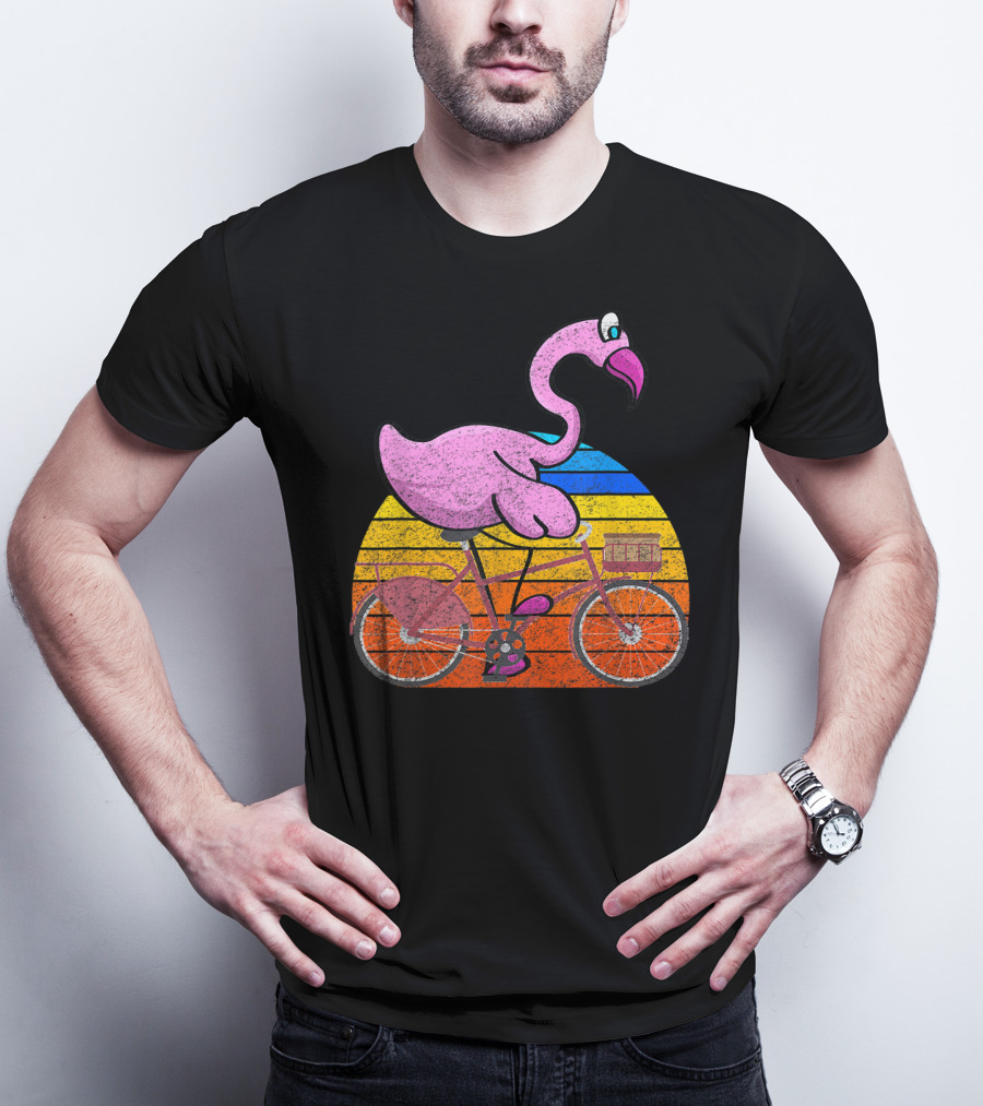 Flamingo Riding Bicycle Funny Retro Sunset T-Shirt