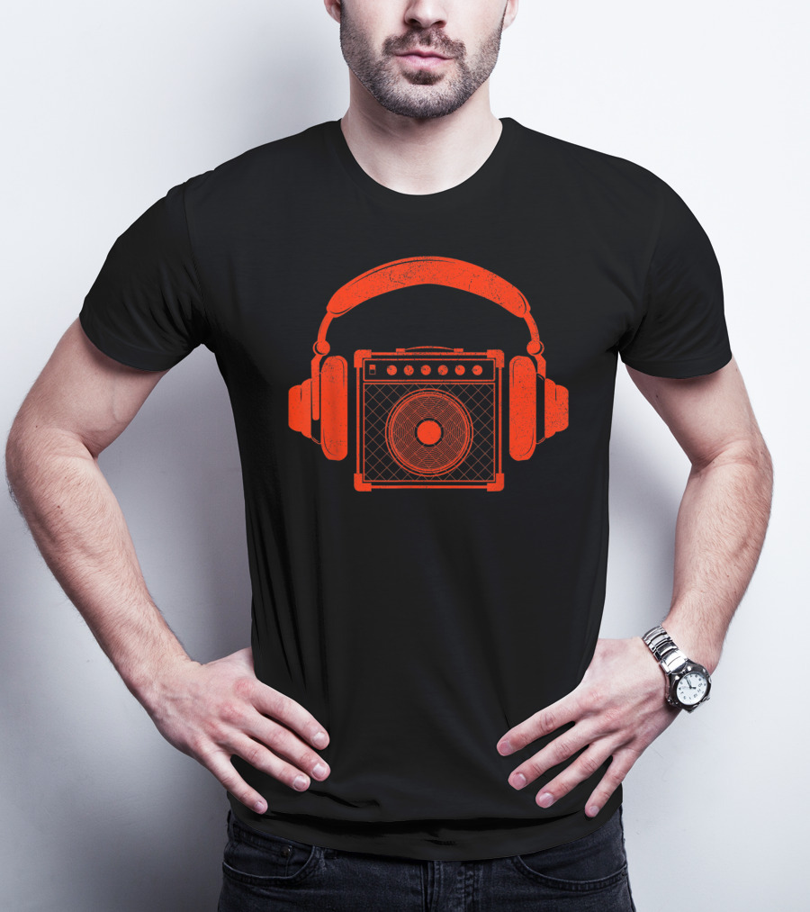 Red Headphones Over Speakerbox Music Lovers Novelty T-Shirt