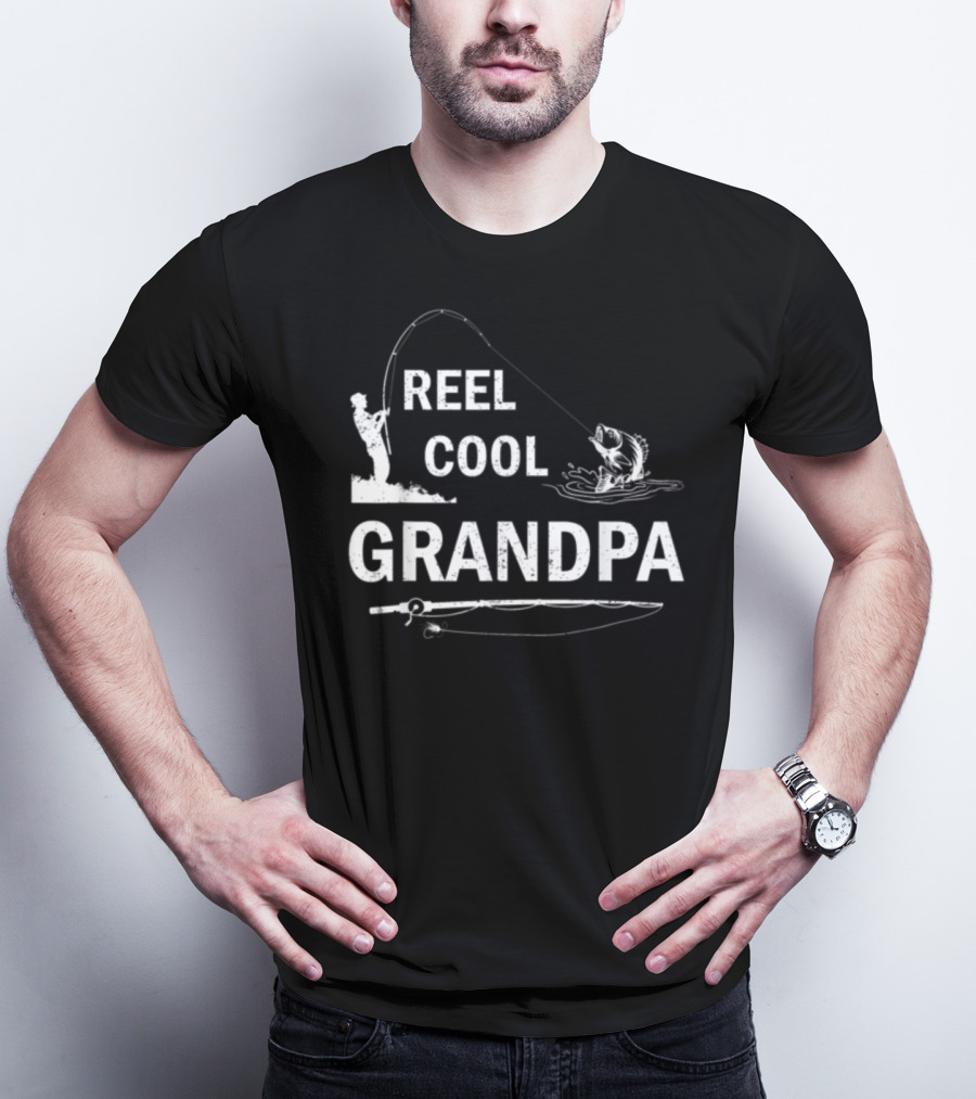 Reel Cool Grandpa Fishing Silhouette With Rod And Fish T-Shirt