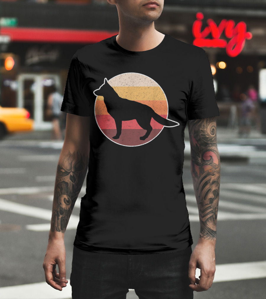 Vintage German Shepherd Silhouette With Retro Sunset Stripes T-Shirt