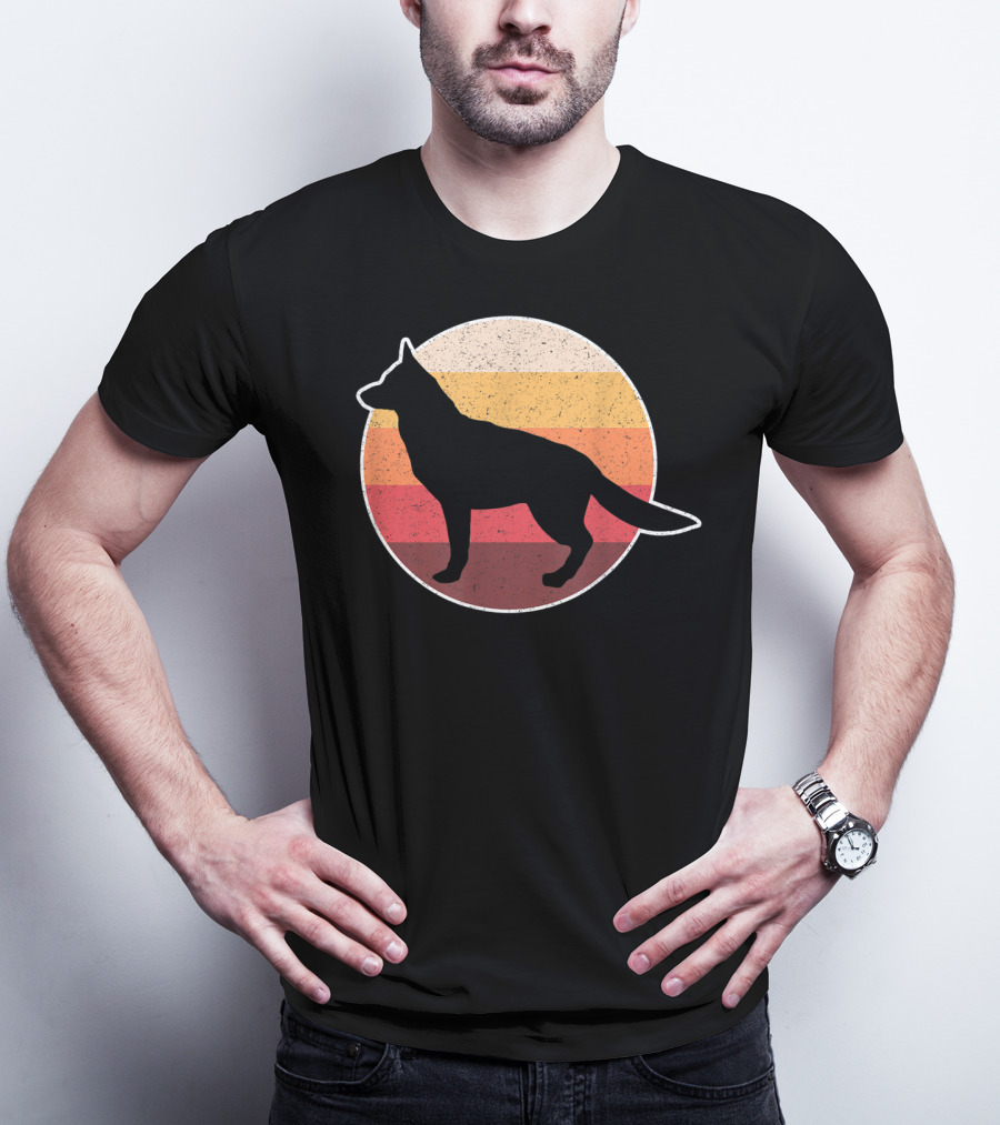 Vintage German Shepherd Silhouette With Retro Sunset Stripes T-Shirt