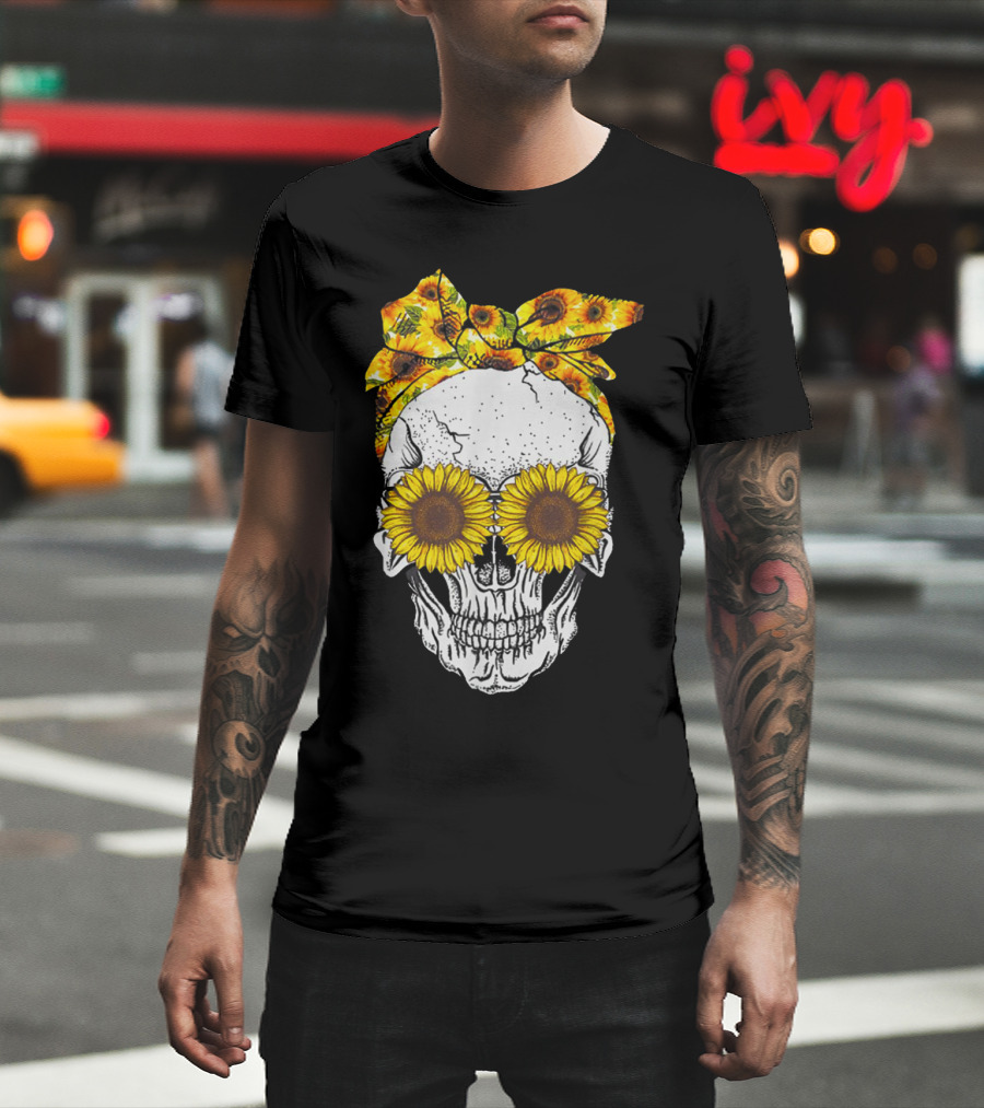 Skull With Sunflower Glasses And Floral Headband T-Shirt