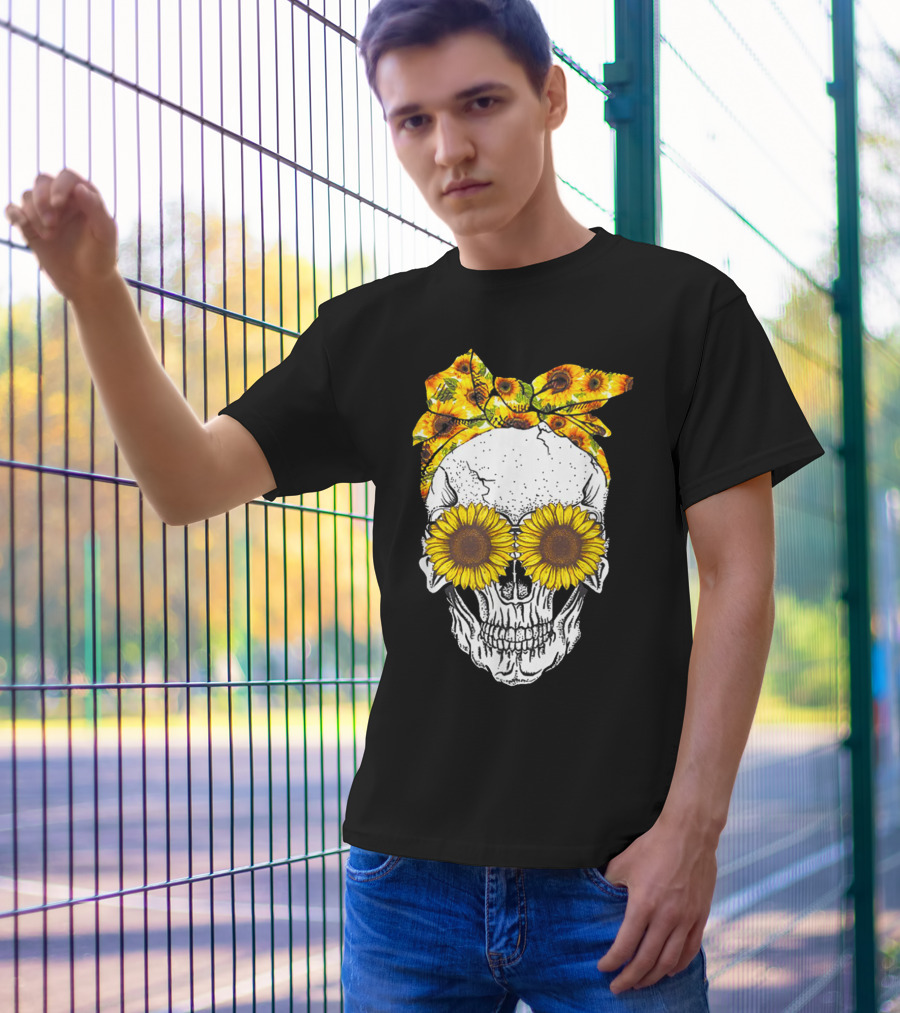 Skull With Sunflower Glasses And Floral Headband T-Shirt