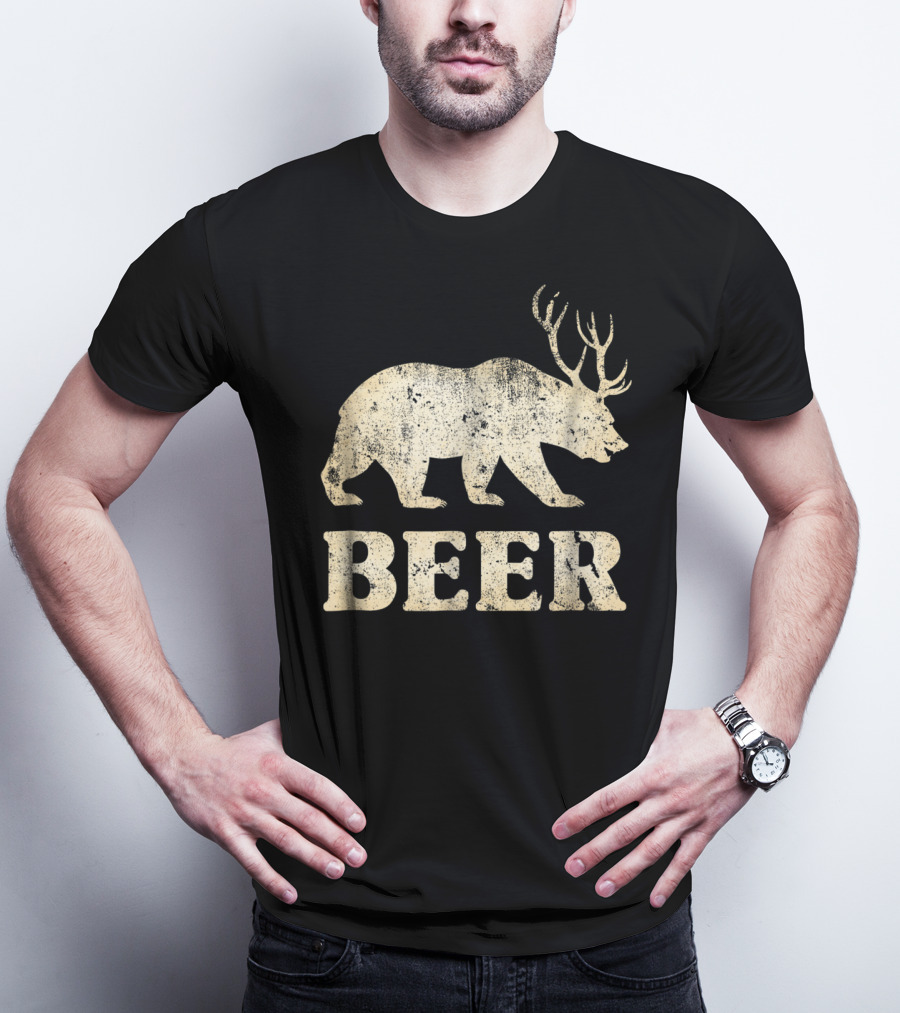 Vintage Bear Deer Beer Funny Retro Mashup T-Shirt