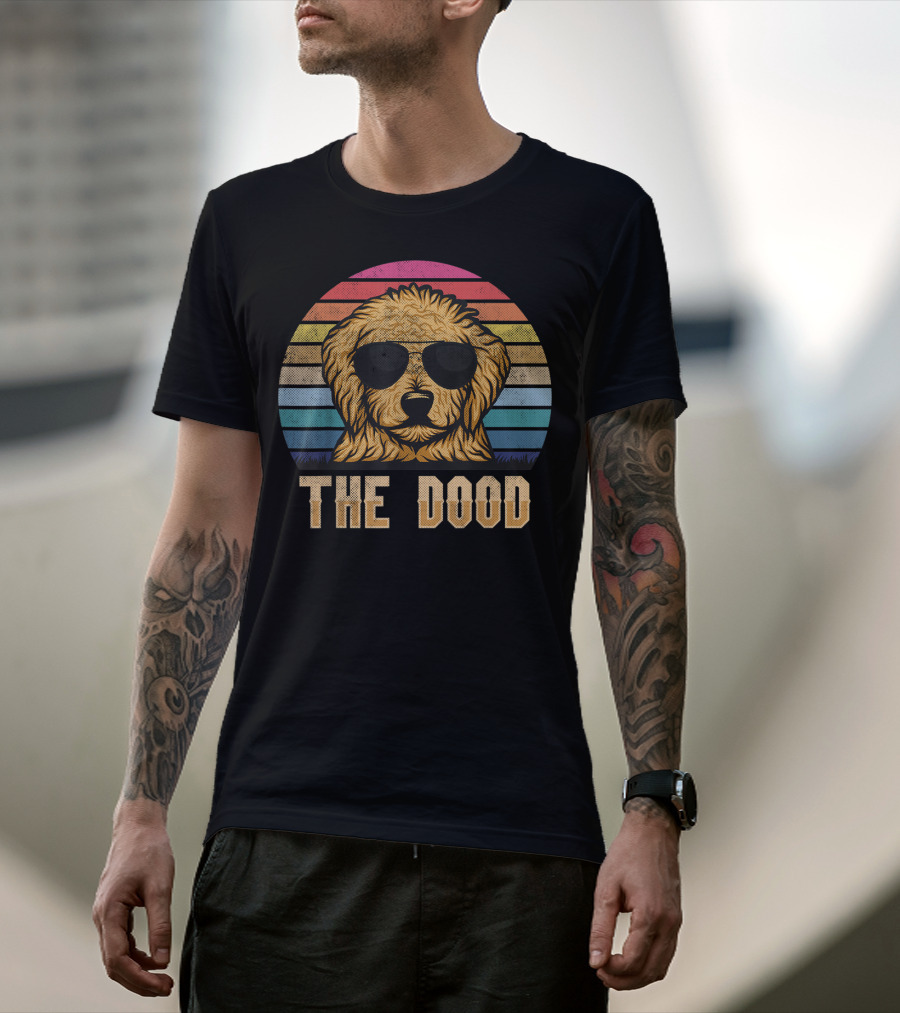 Retro Vintage Goldendoodle The Dood Dad Sunglasses Rainbow Stripes T-Shirt