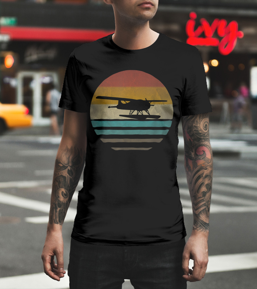 Retro Vintage Seaplane Silhouette In Sunset Stripe Circle T-Shirt