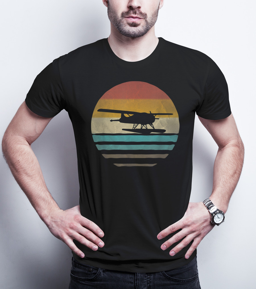 Retro Vintage Seaplane Silhouette In Sunset Stripe Circle T-Shirt