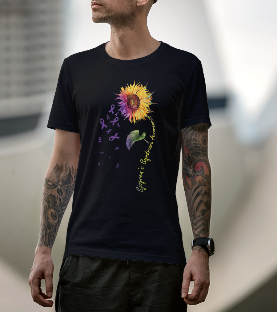 Sjogren's Syndrome Awareness Sunflower With Purple Ribbons T-Shirt