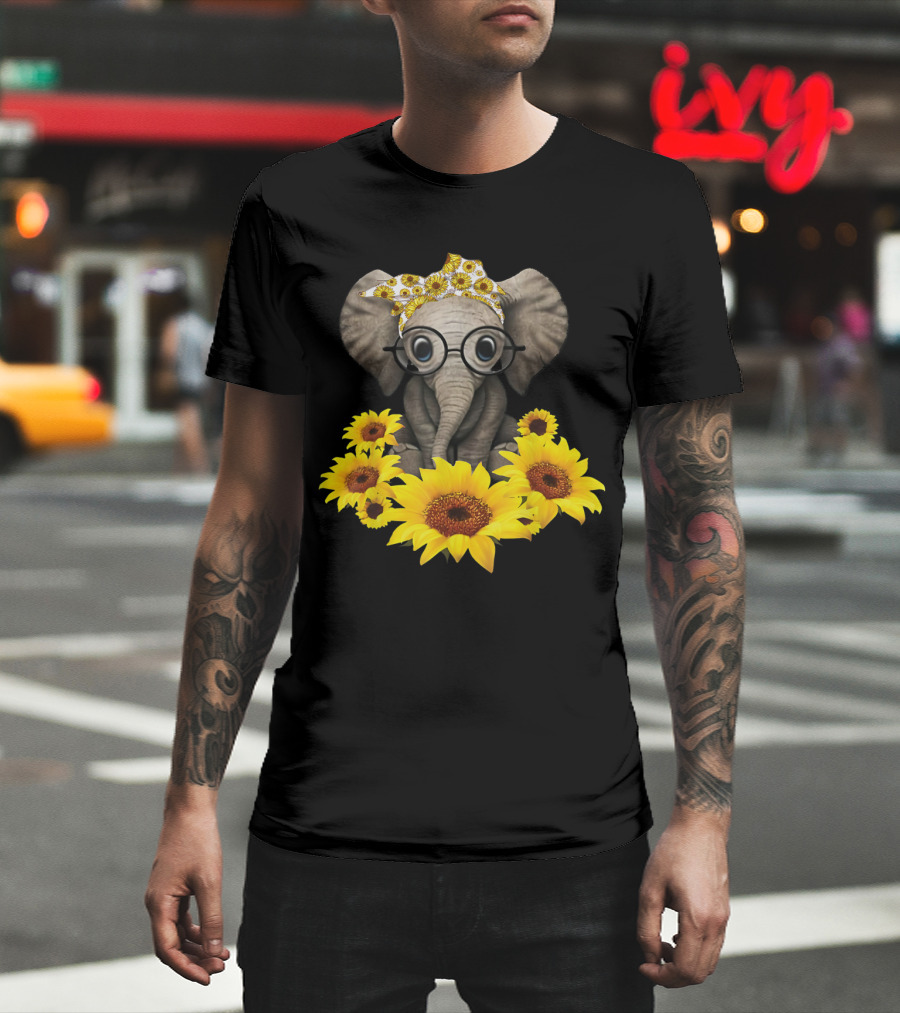 Sunflower Elephant For Woman Who Loves Elephant With Glasses And Floral Headband T-Shirt