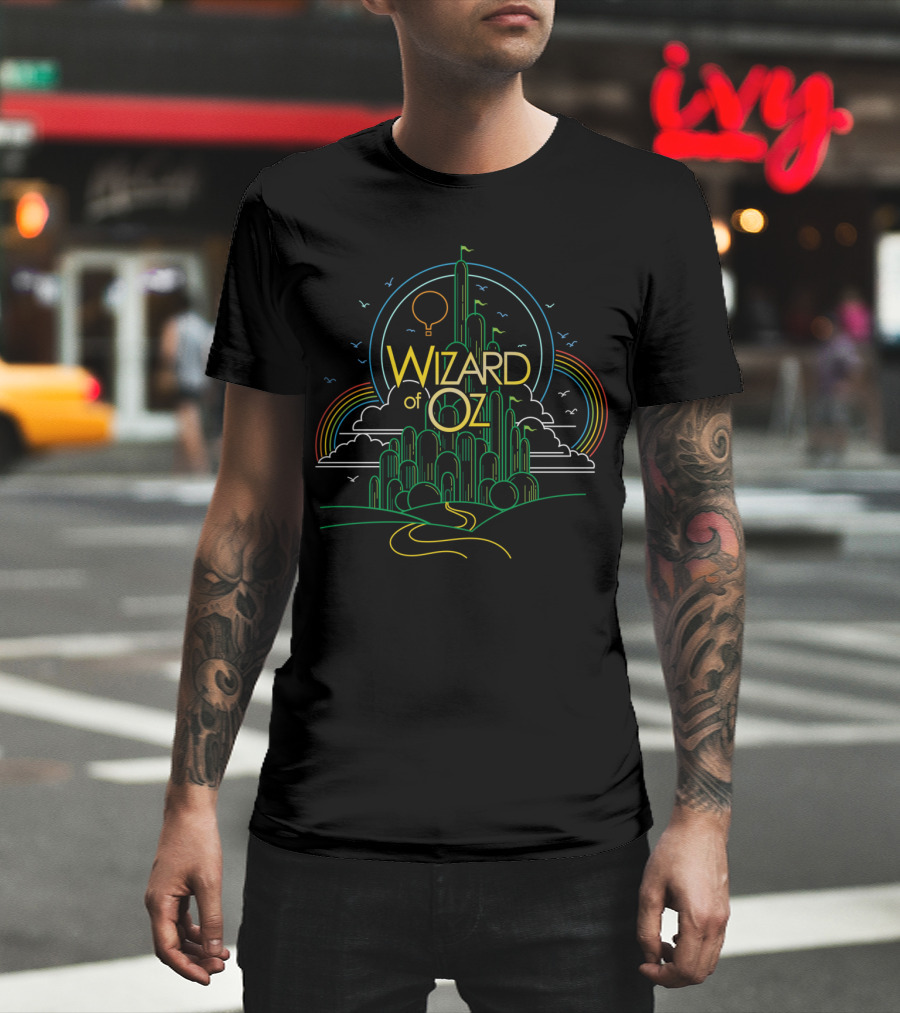 Wizard Of Oz Emerald City Line Drawing With Rainbow Elements T-Shirt