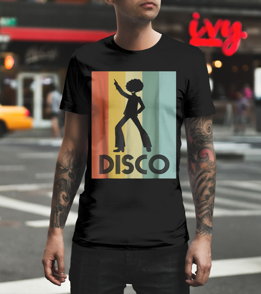 70s Disco Dancing Silhouette Retro Stripes T-Shirt