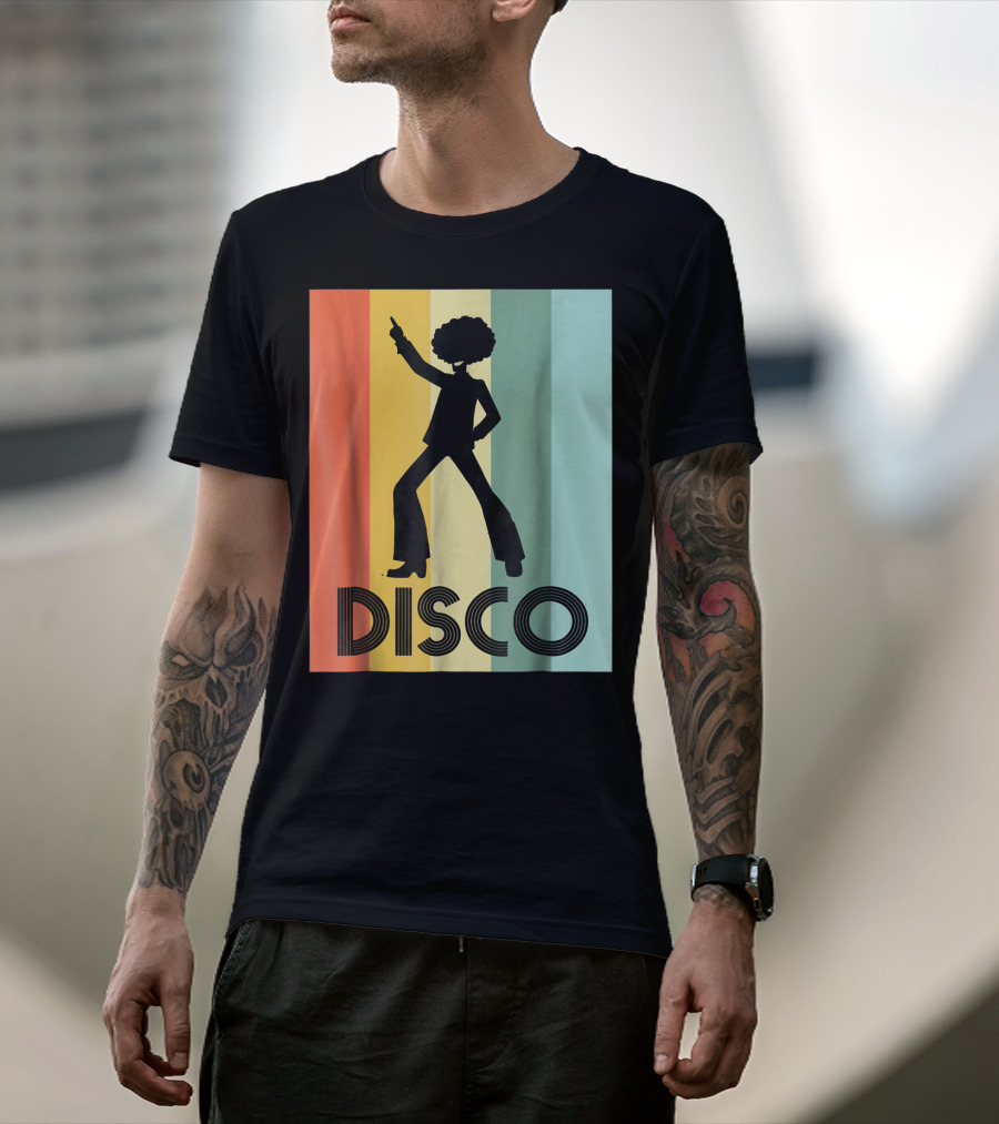 70s Disco Dancing Silhouette Retro Stripes T-Shirt