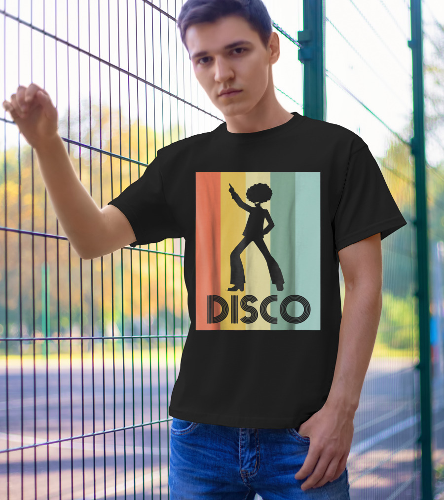 70s Disco Dancing Silhouette Retro Stripes T-Shirt