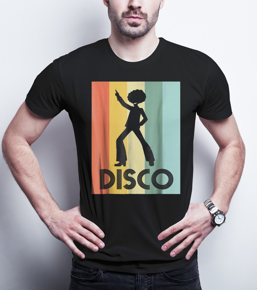 70s Disco Dancing Silhouette Retro Stripes T-Shirt