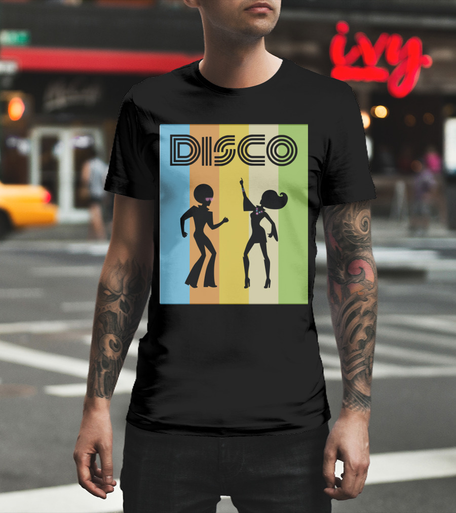 Disco Dancing 70s Disco Dancer With Silhouette And Retro Stripes T-Shirt