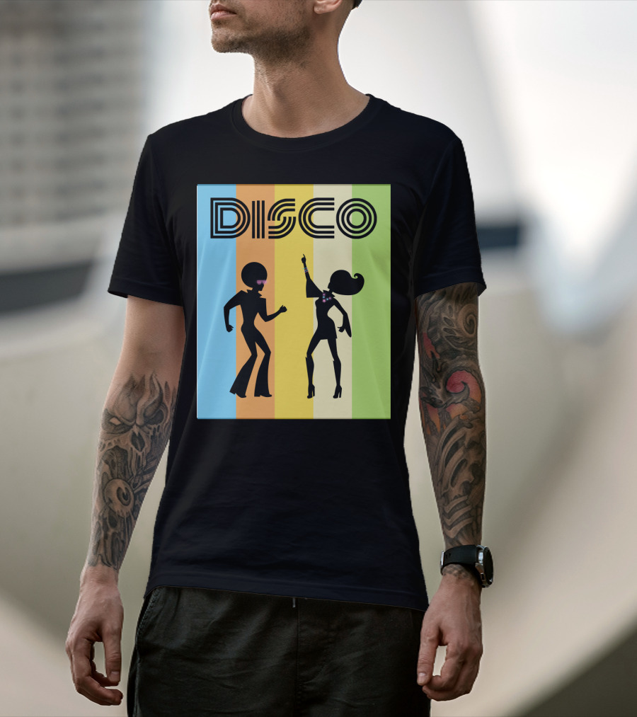 Disco Dancing 70s Disco Dancer With Silhouette And Retro Stripes T-Shirt