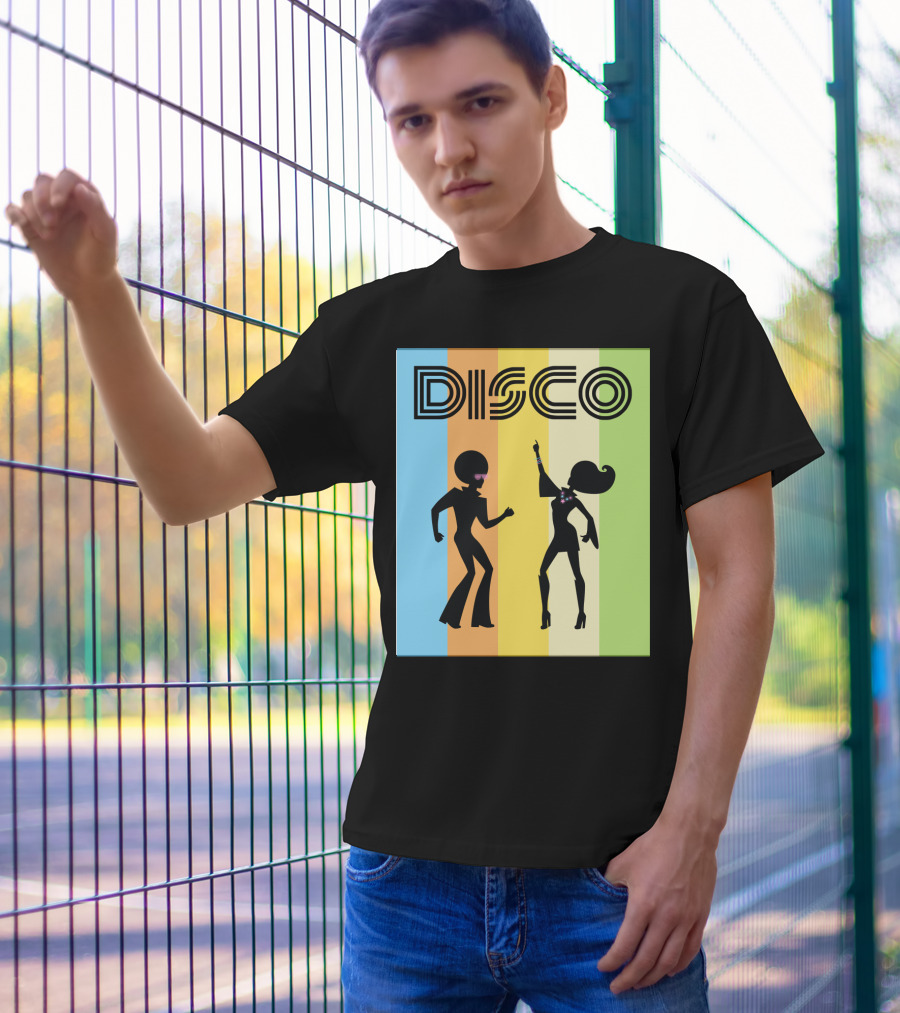Disco Dancing 70s Disco Dancer With Silhouette And Retro Stripes T-Shirt