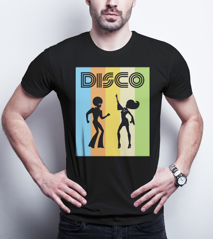 Disco Dancing 70s Disco Dancer With Silhouette And Retro Stripes T-Shirt