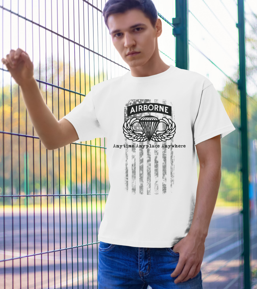 Airborne Paratrooper Black Jump Wings Anytime Anyplace Anywhere T-Shirt