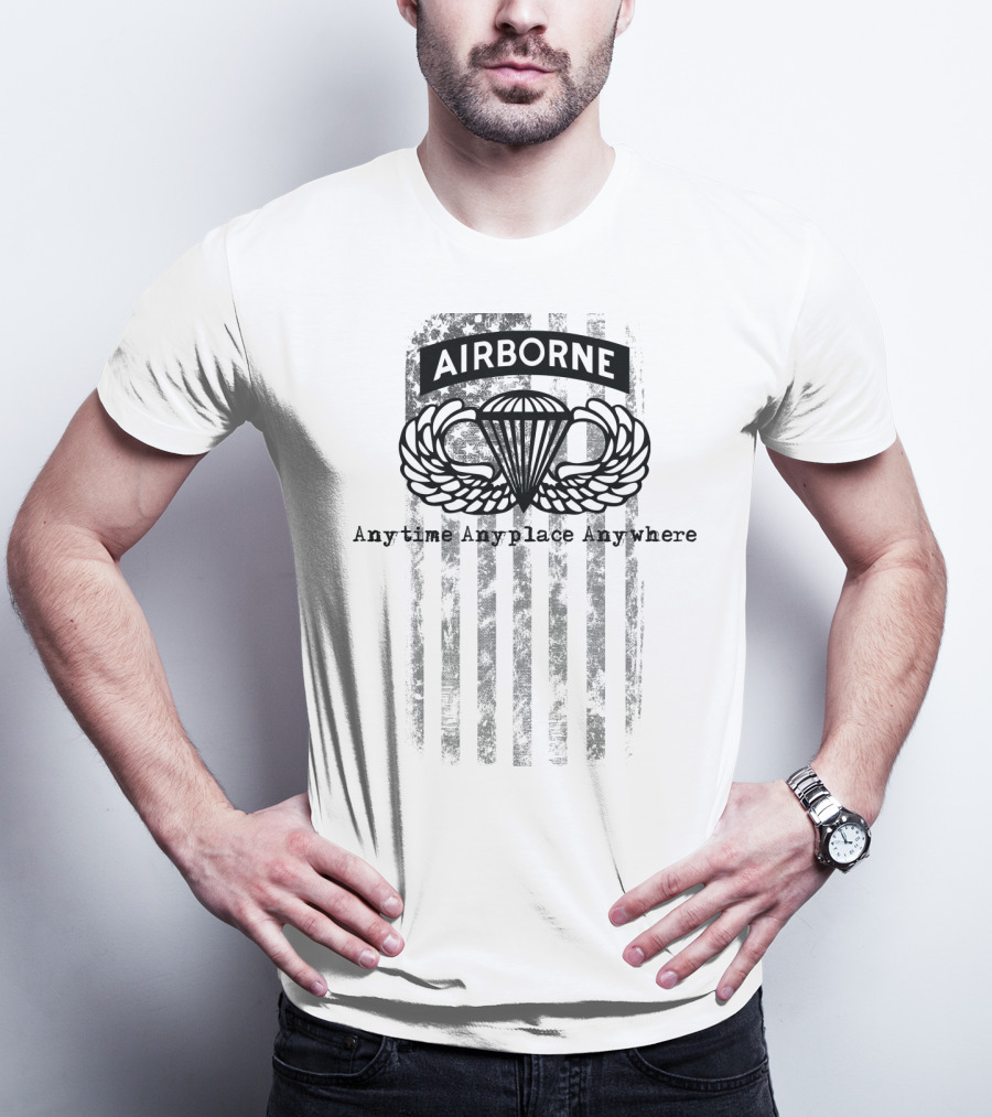 Airborne Paratrooper Black Jump Wings Anytime Anyplace Anywhere T-Shirt