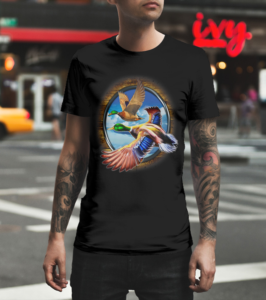 Flying Duck Hunting Scene With Colorful Ducks In Motion T-Shirt